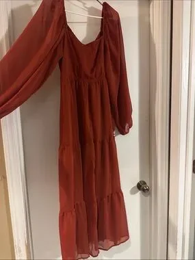 Dresses | Rust Tiered Maxi Dress With White Embroidered Trim | Poshmark
